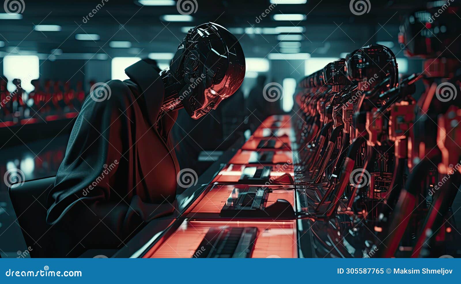 Combat Robot in Military Metal Armor. Futuristic Cyborg Security Guard ...