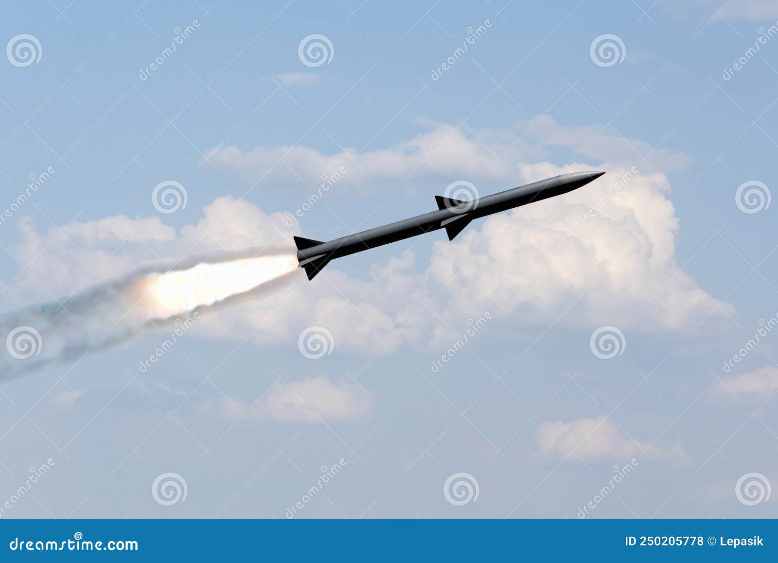 A Combat Rocket is Flying Above the Clouds, Smoke and Fire from the ...