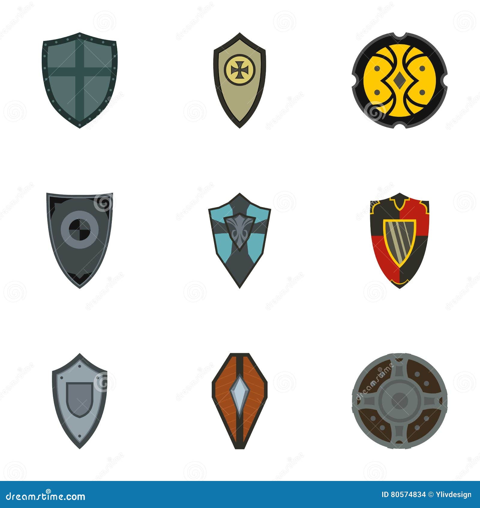 Combat Shield Icons Set, Flat Style Stock Vector - Illustration of ...