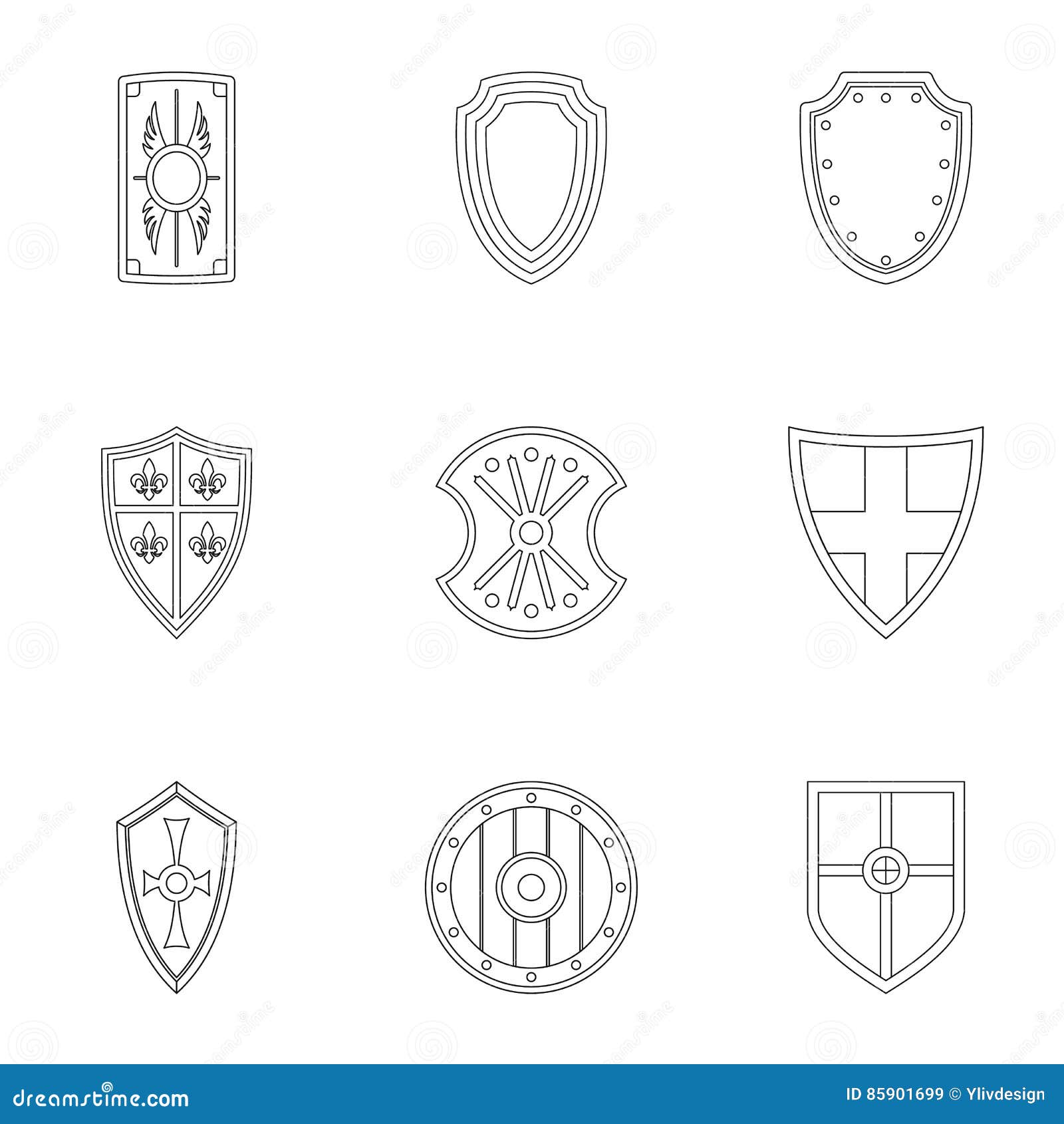 Combat Shield Icons Set, Outline Style Stock Vector - Illustration of ...