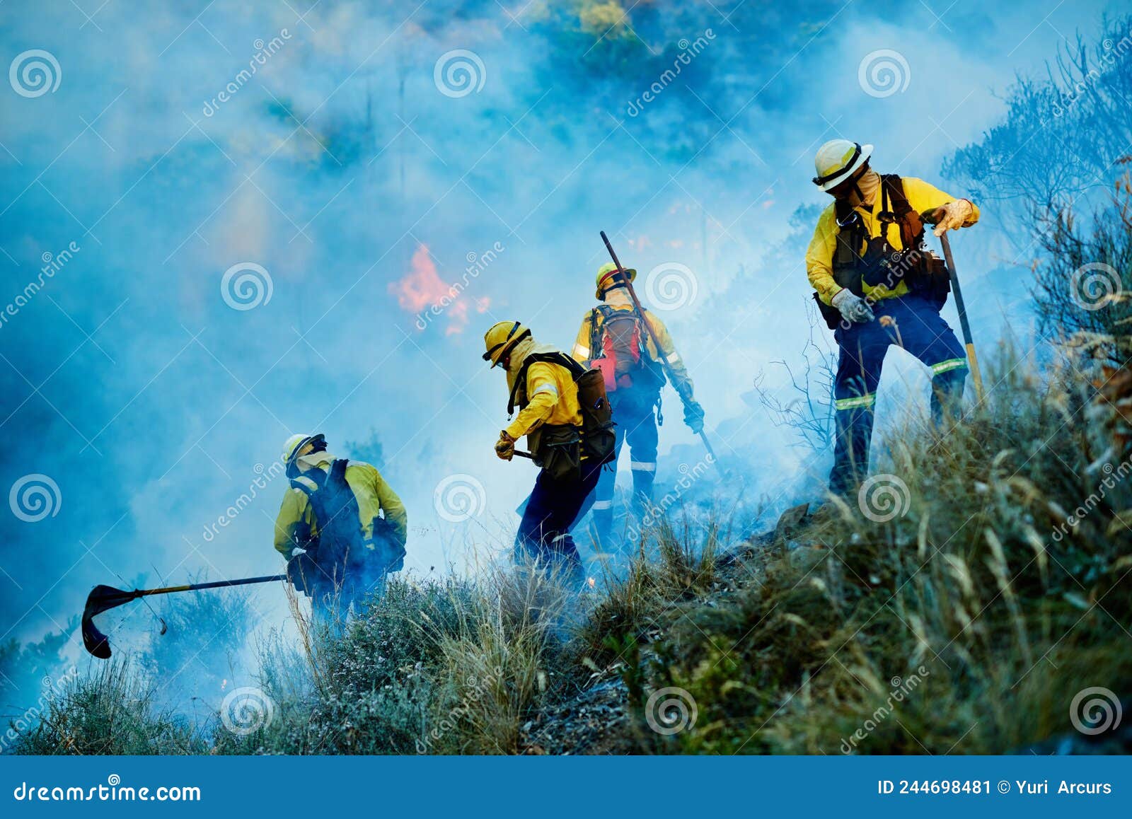 Combating the Flames. Shot of Fire Fighters Combating a Wild Fire ...