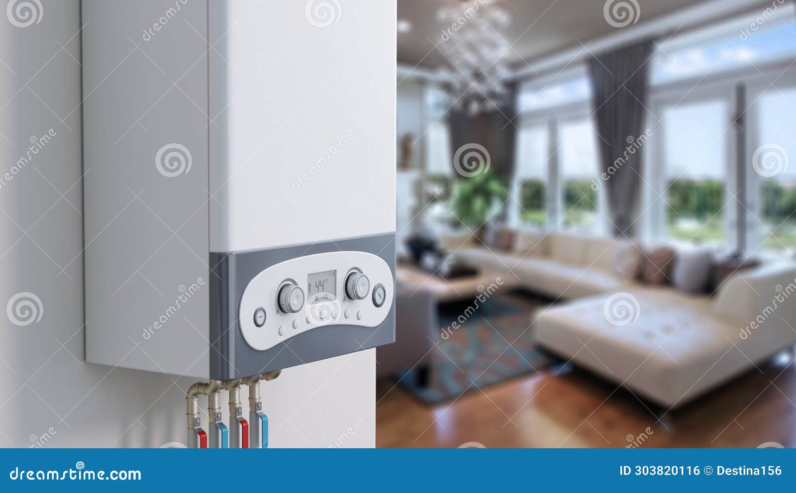 Combi Boiler On The House Wall, Next To The Heating Radiator. Visible ...