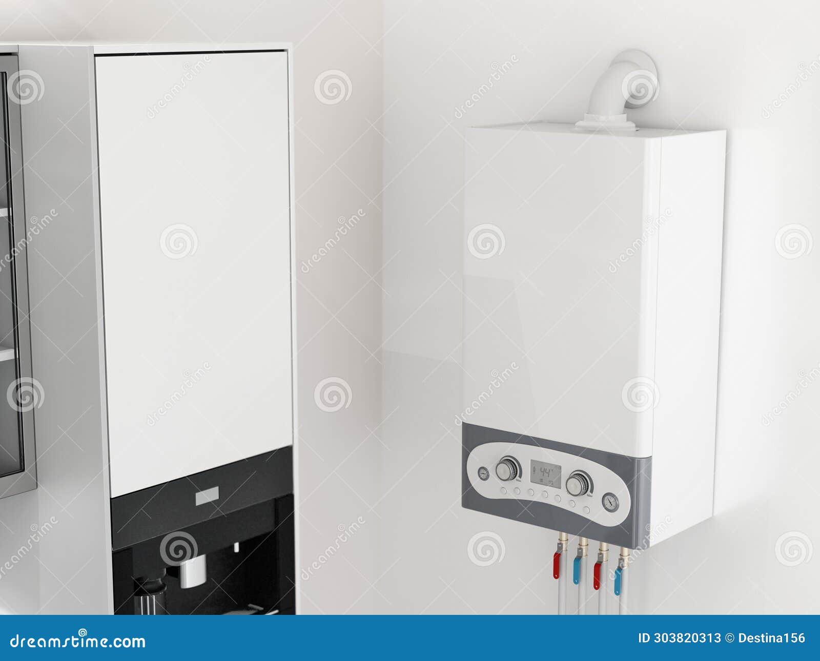 Combi Boiler On The House Wall, Next To The Heating Radiator. Visible ...