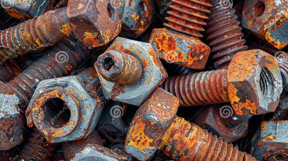 A Combination of Different Rusty Bolts and Screws Overlapping in a ...