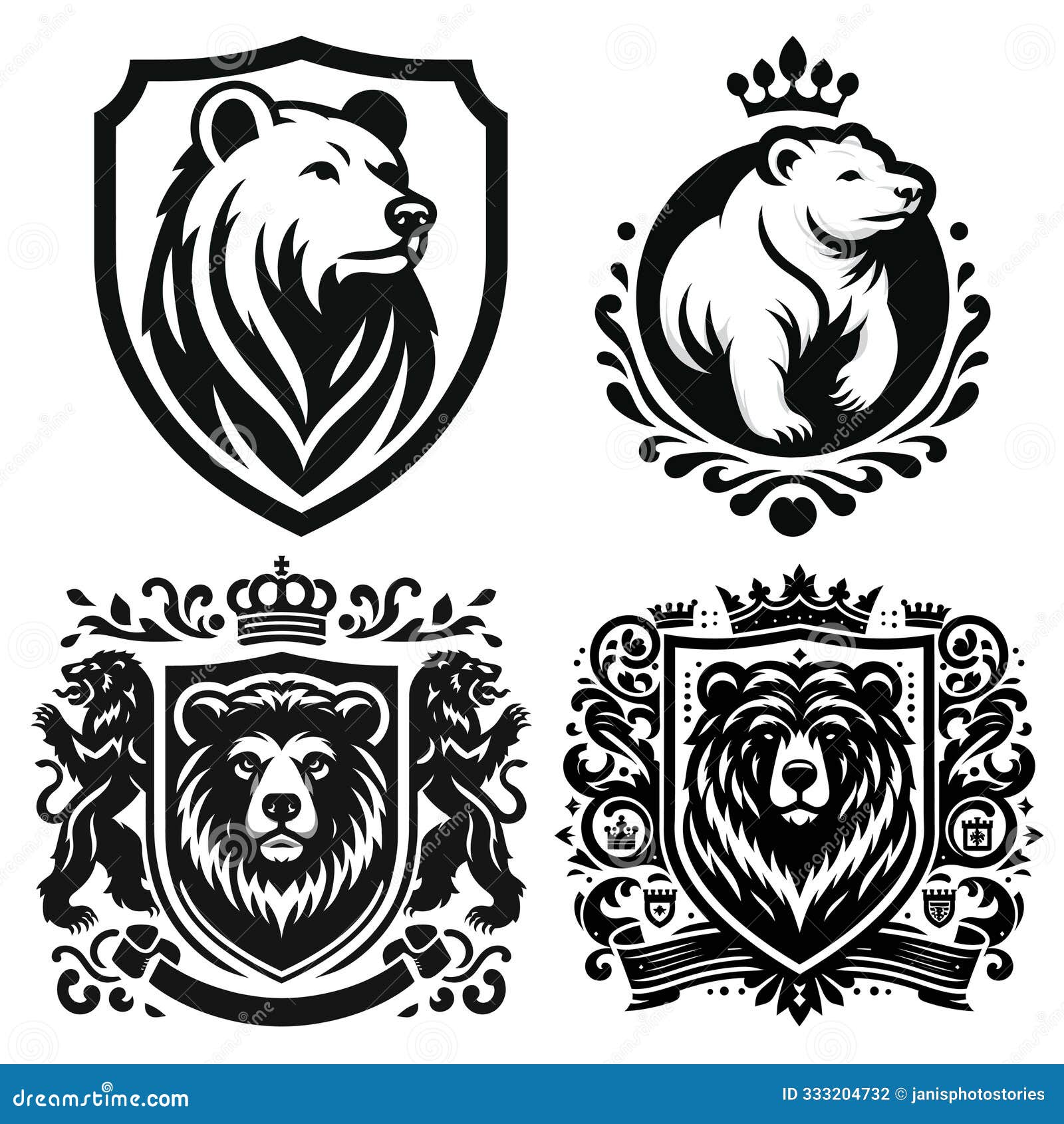 Heraldic Bear Coat Of Arms And Lion Emblems, Vector Illustration Black ...