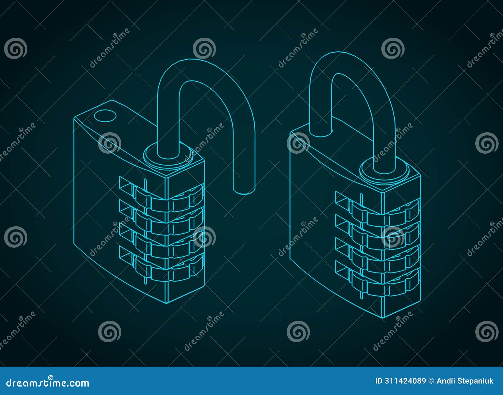 Combination Padlock Isometric Blueprint Stock Vector - Illustration of ...