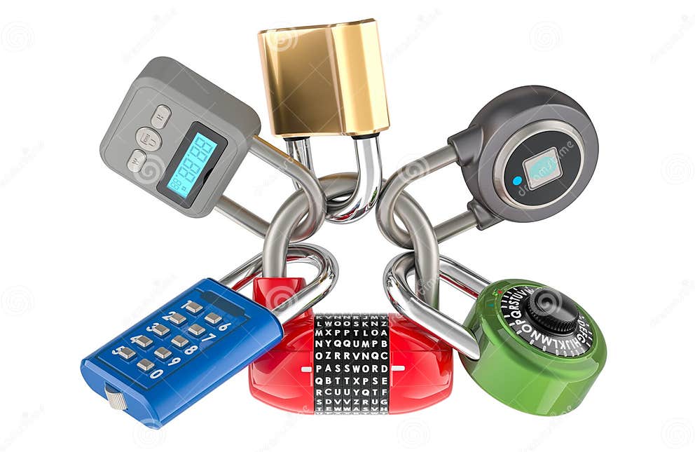 Combination Padlocks, Different Types, 3D Rendering Stock Illustration ...