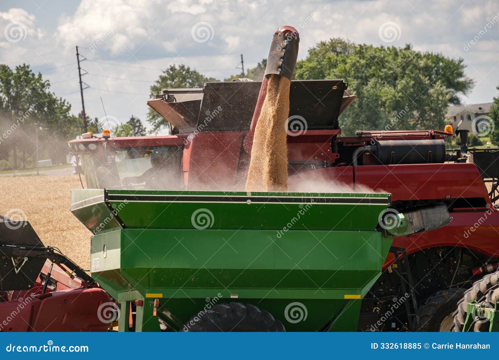 Close Up View of a Combine Harvester Unloading Wheat Grain into Tractor ...