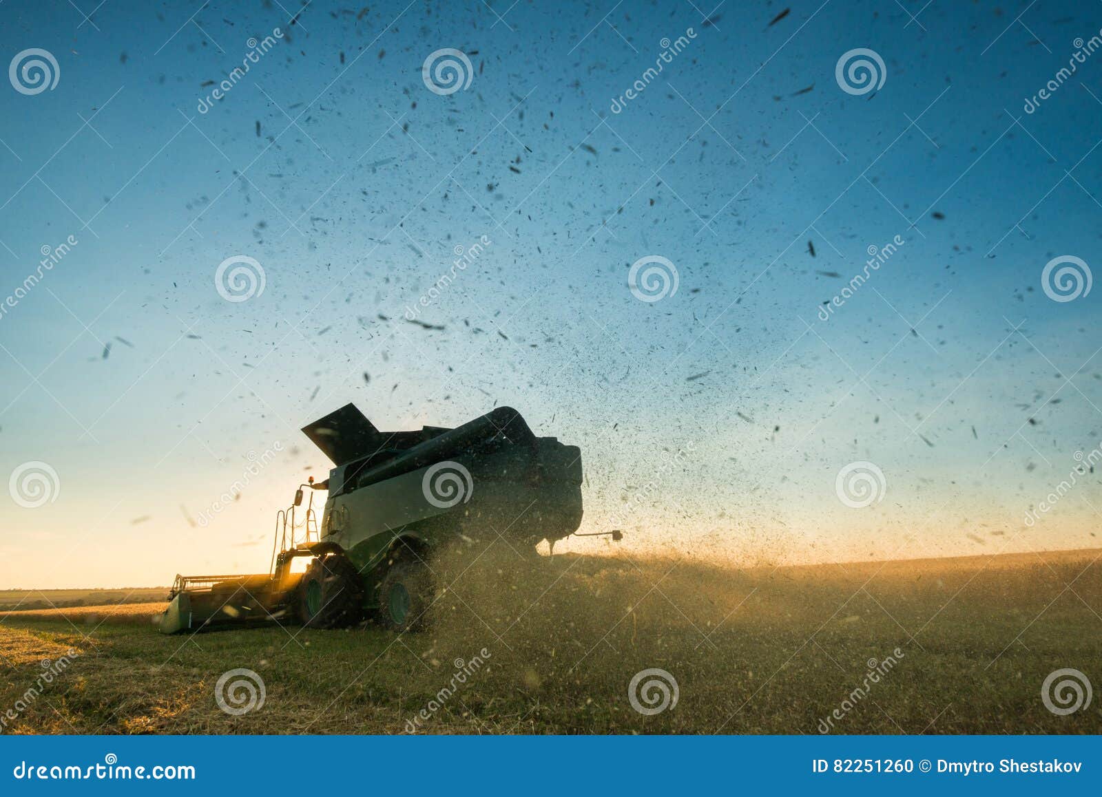 Combine Harvester Working on a Wheat Crop at Sunset Stock Photo - Image ...
