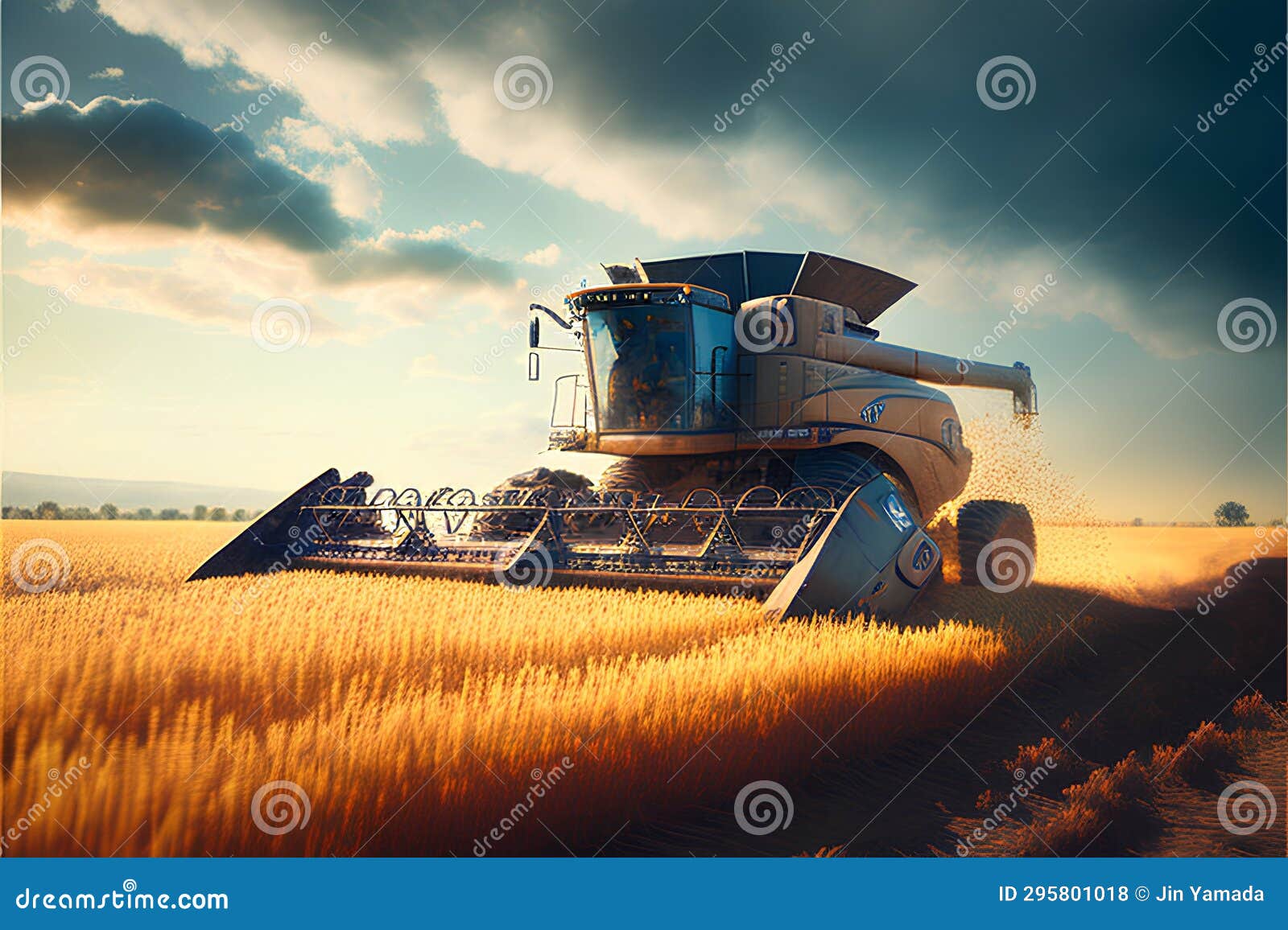 Combine Harvester Working on a Wheat Field. 3D Render Stock ...