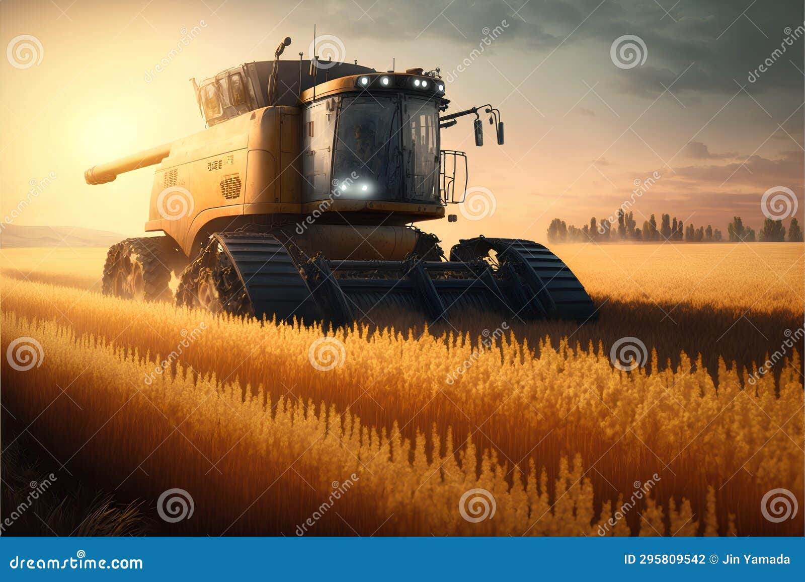 Combine Harvester Working on a Wheat Field at Sunset. Stock ...