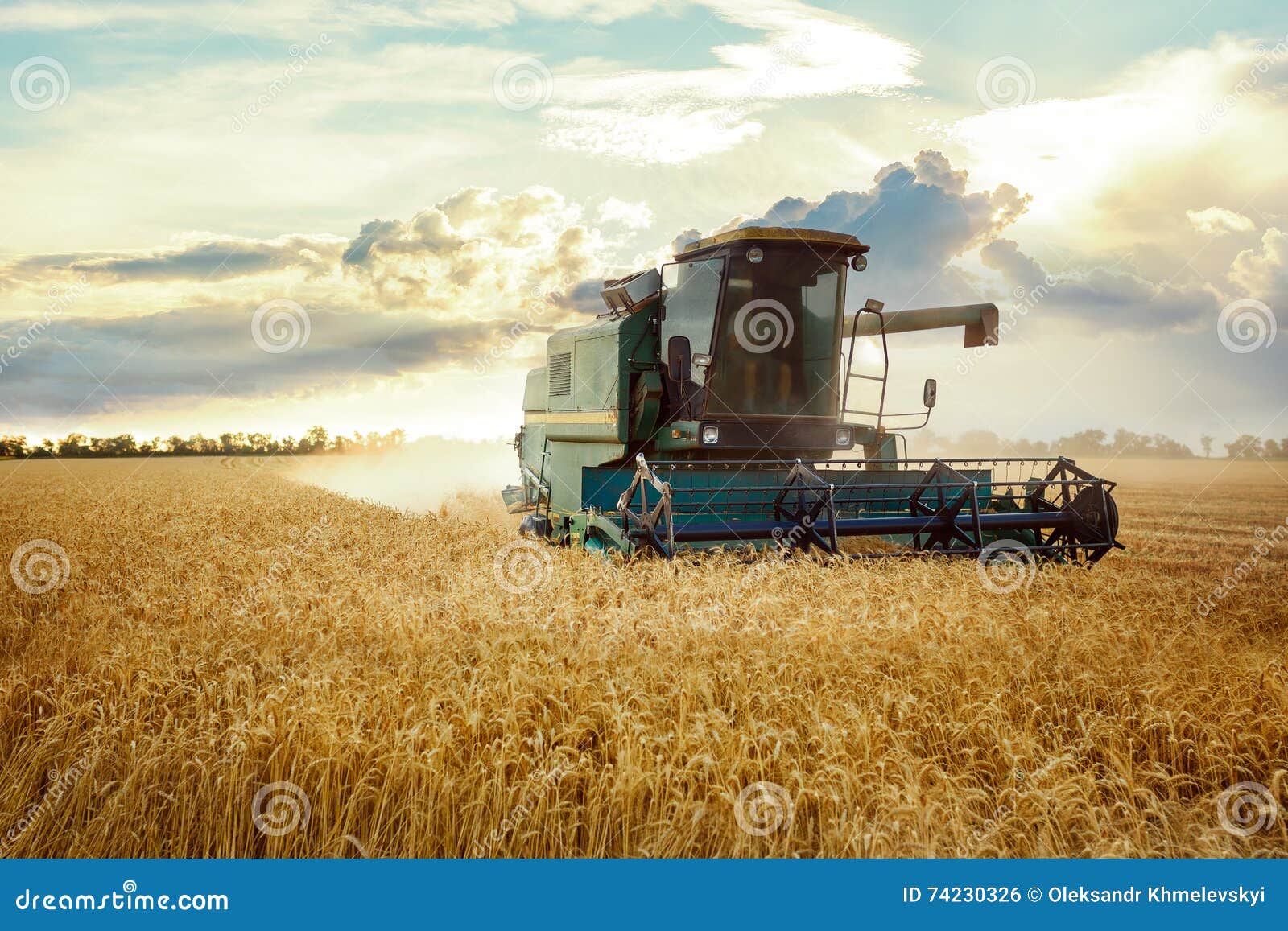 Combine Harvester Working on a Wheat Field. on the Sunset Stock Photo ...
