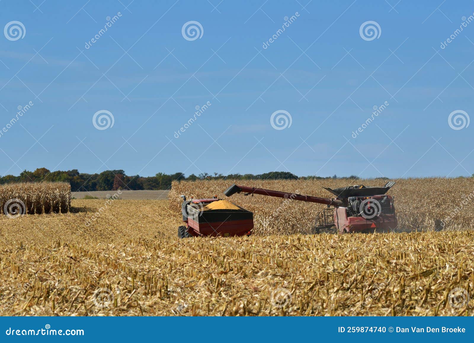 Combine Harvesting Corn and Unloading To a Grain Wagon Stock Photo ...