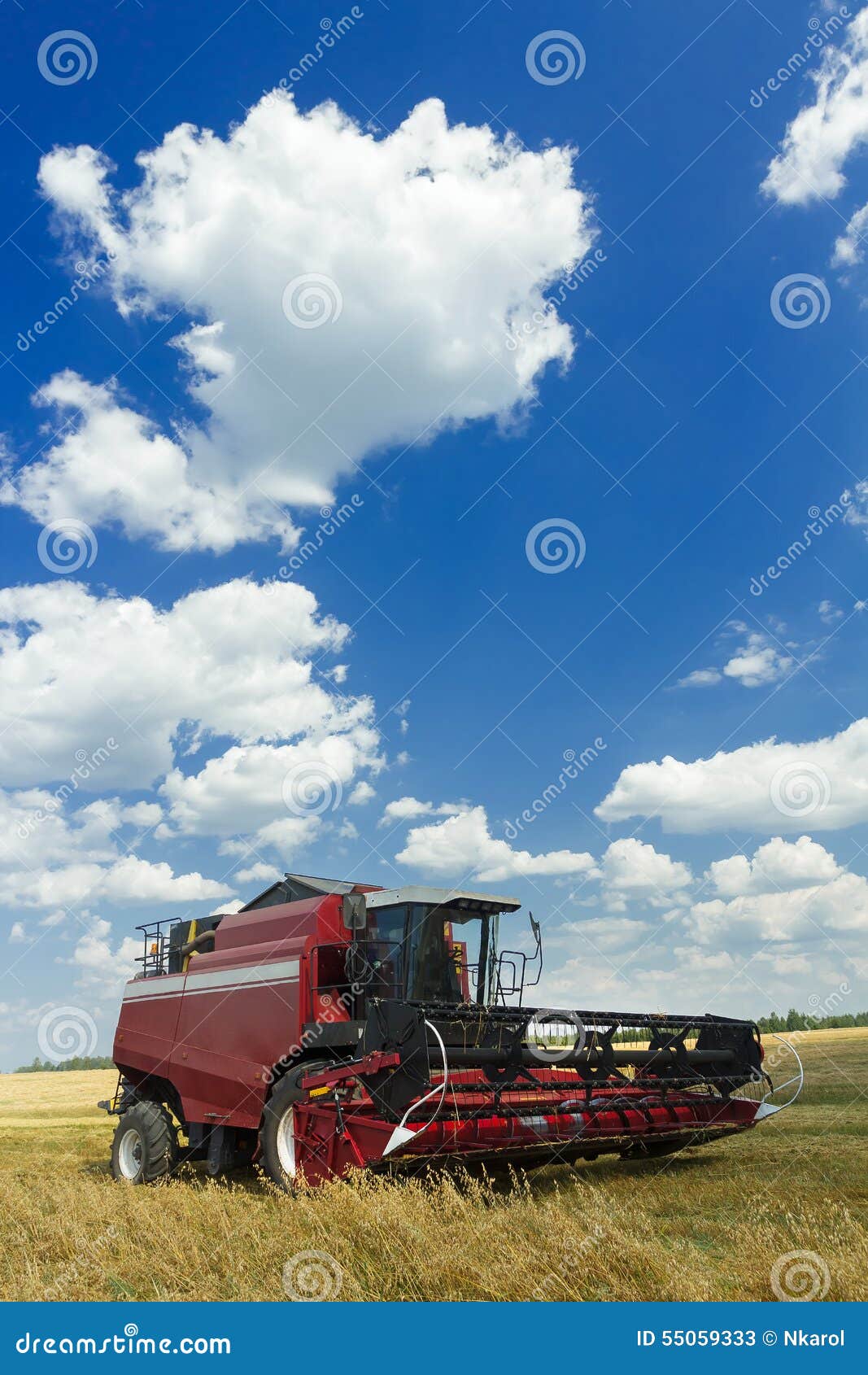 Combine Machine with Header or Cutting Blade Standing in Oat Farm Field ...