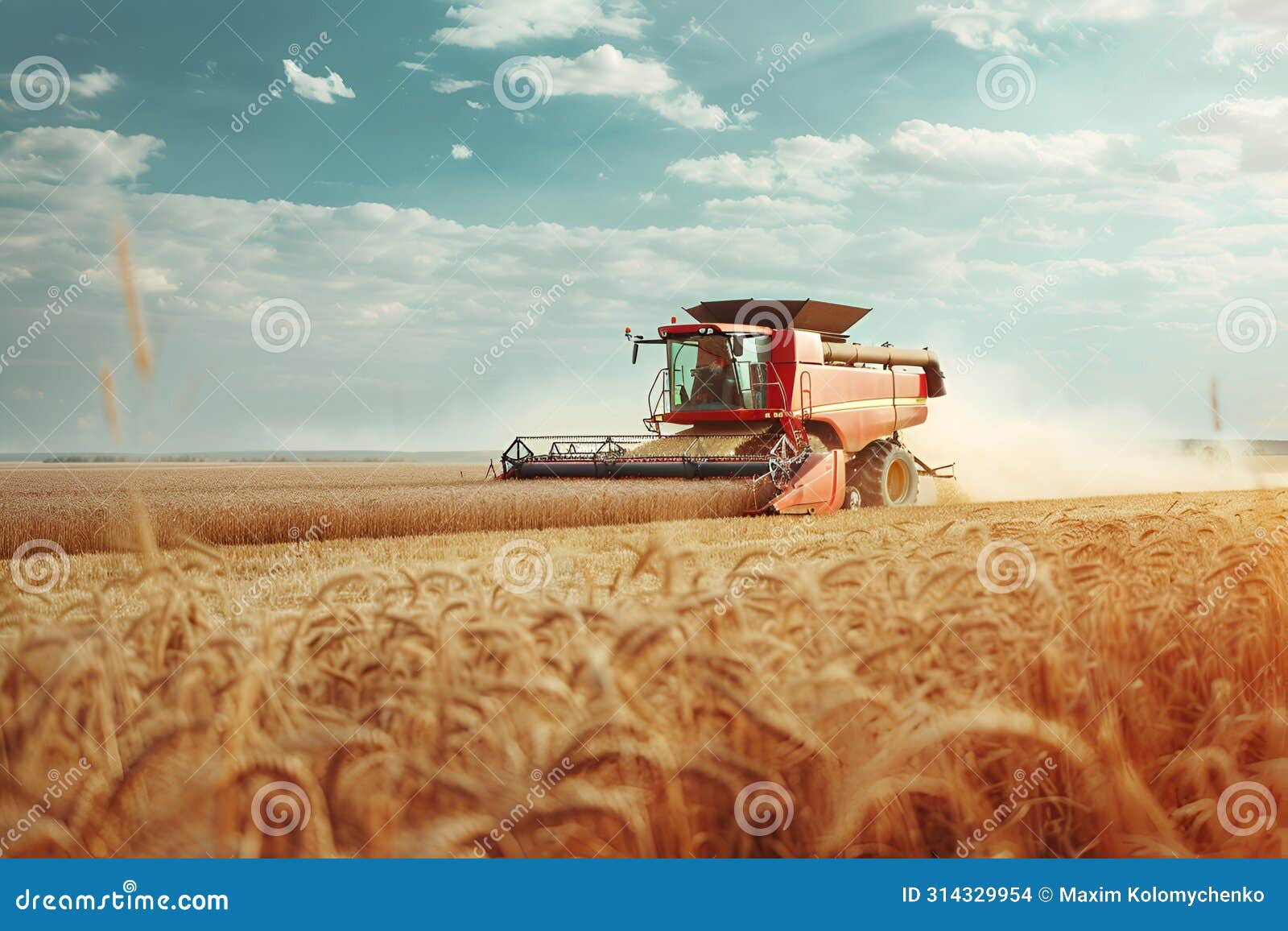 The Combine Works in the Field. Agricultural Industry. Side View Stock ...