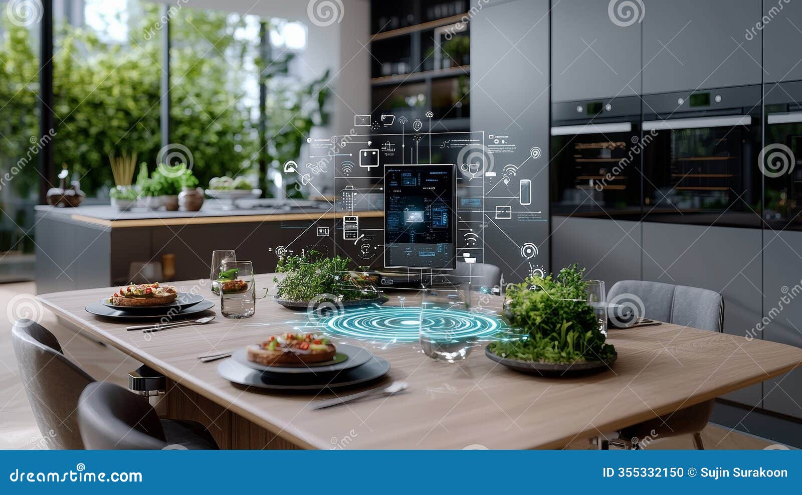 Combining Technology and Dining in Modern Home Interior Design with Laptop and Food Stock ...