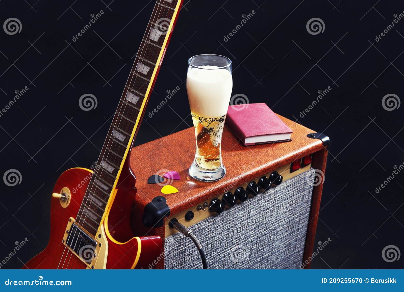 Combo Amplifier for Electric Guitar with Guitar, Glass of Beer and ...
