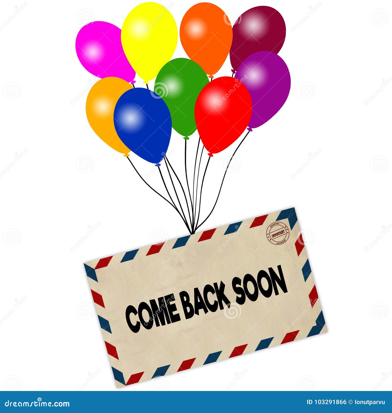 COME BACK SOON on Envelope Pulled by Coloured Balloons Isolated on ...
