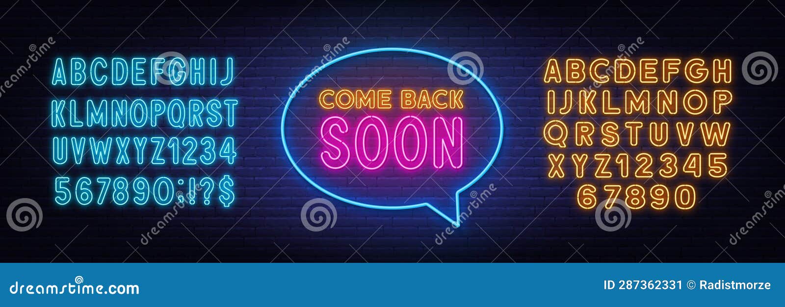 Come Back Soon Neon Sign In The Speech Bubble On Brick Wall Background