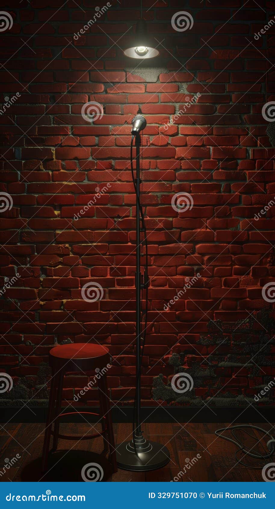 Comedy Club Atmosphere Stage with Brick Wall Backdrop and Microphone ...