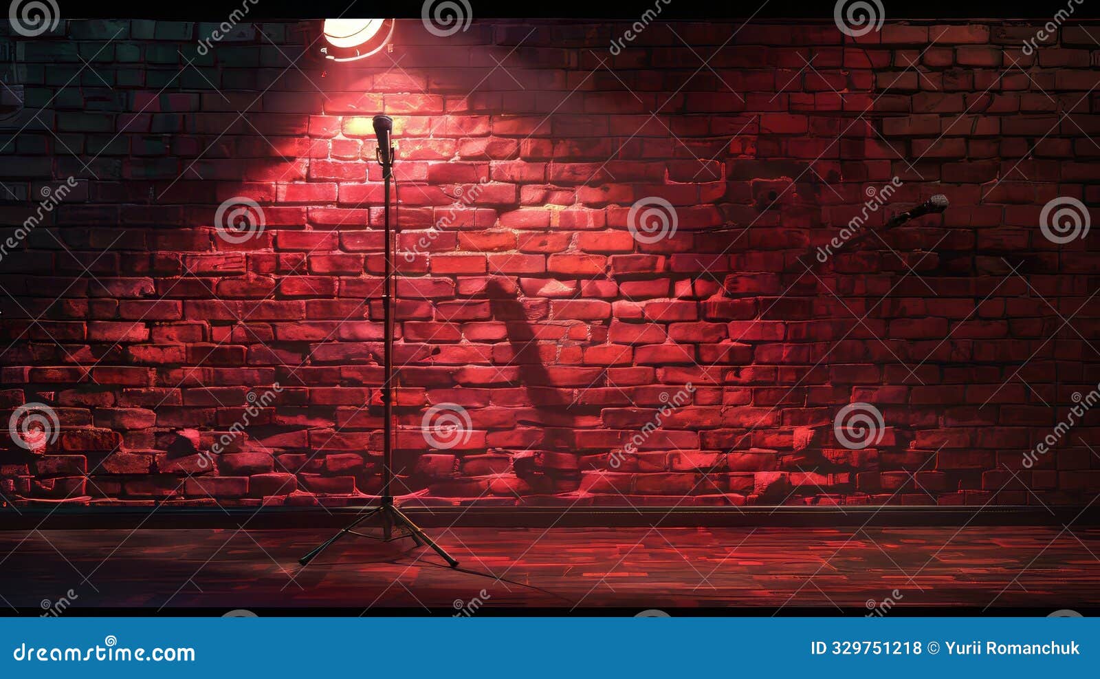 Comedy Club Stage with Brick Wall Backdrop, Spotlight Illuminating the ...