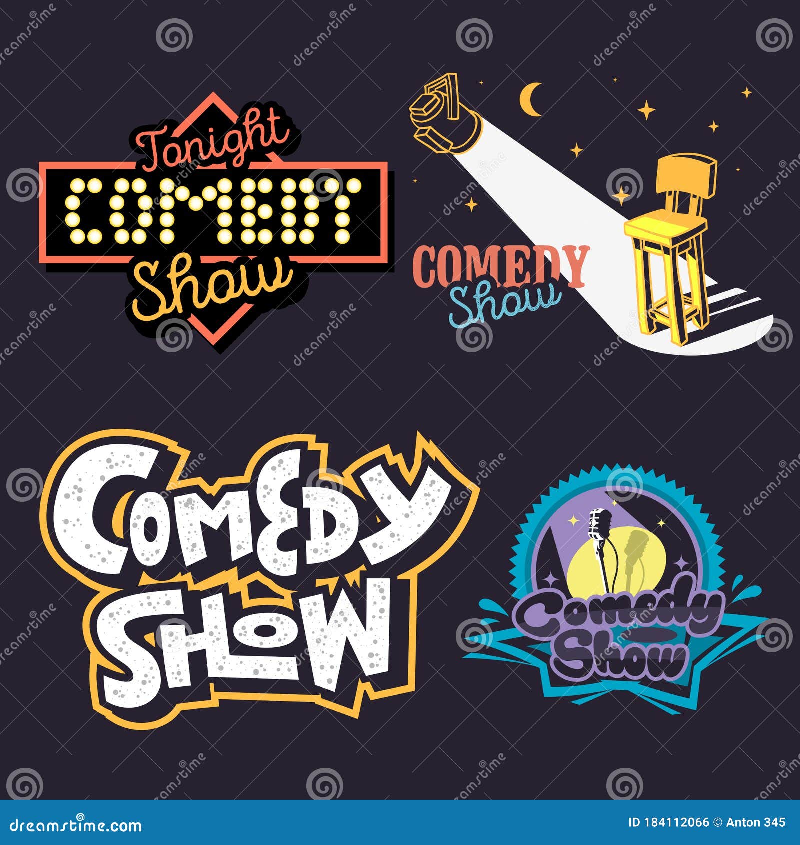 Comedy Show Comedian Hand Lettering Vector Illustrations Set Designs ...