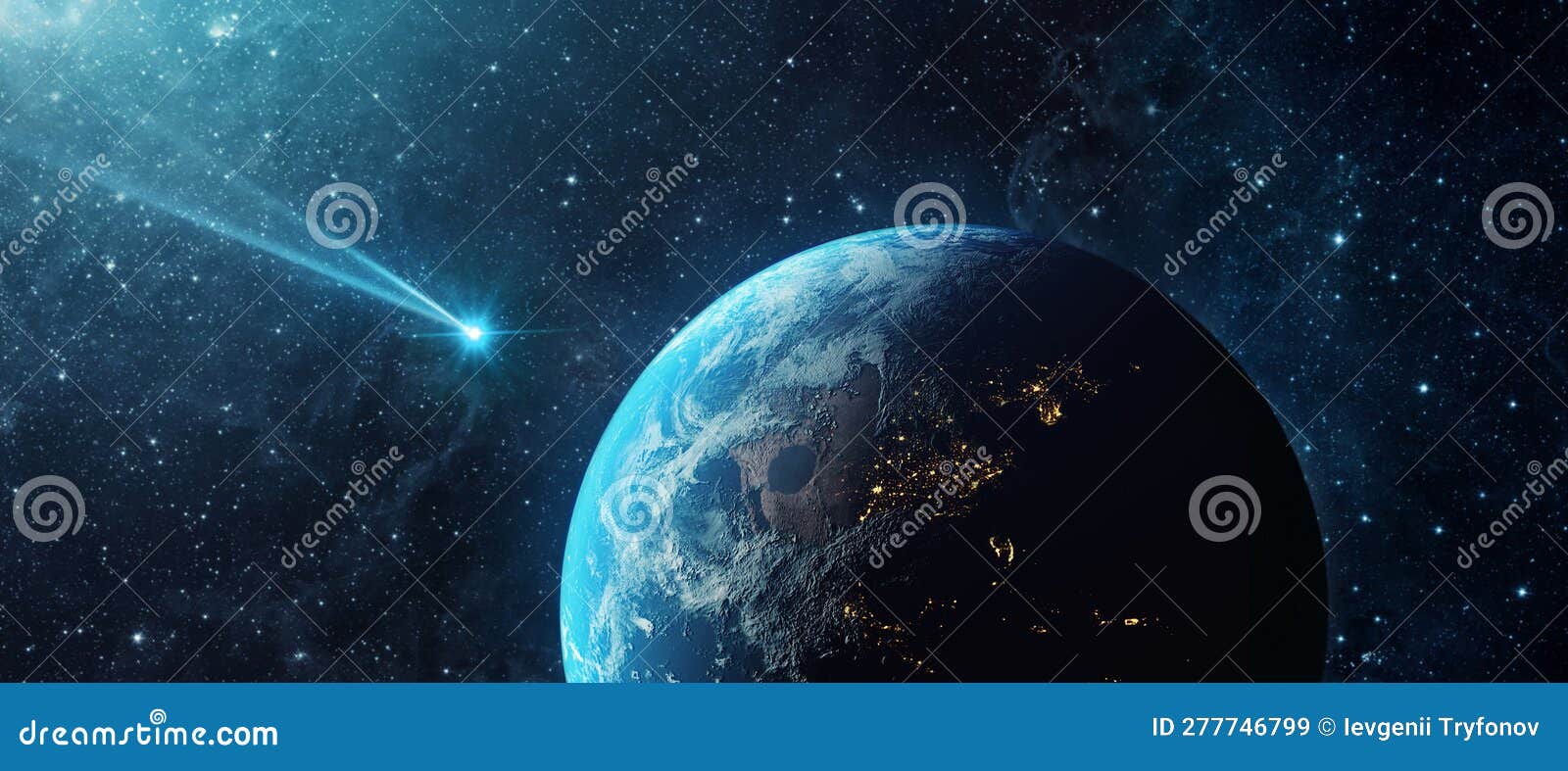 Comet, Asteroid, Meteorite Flying To the Planet Earth. Glowing Asteroid ...