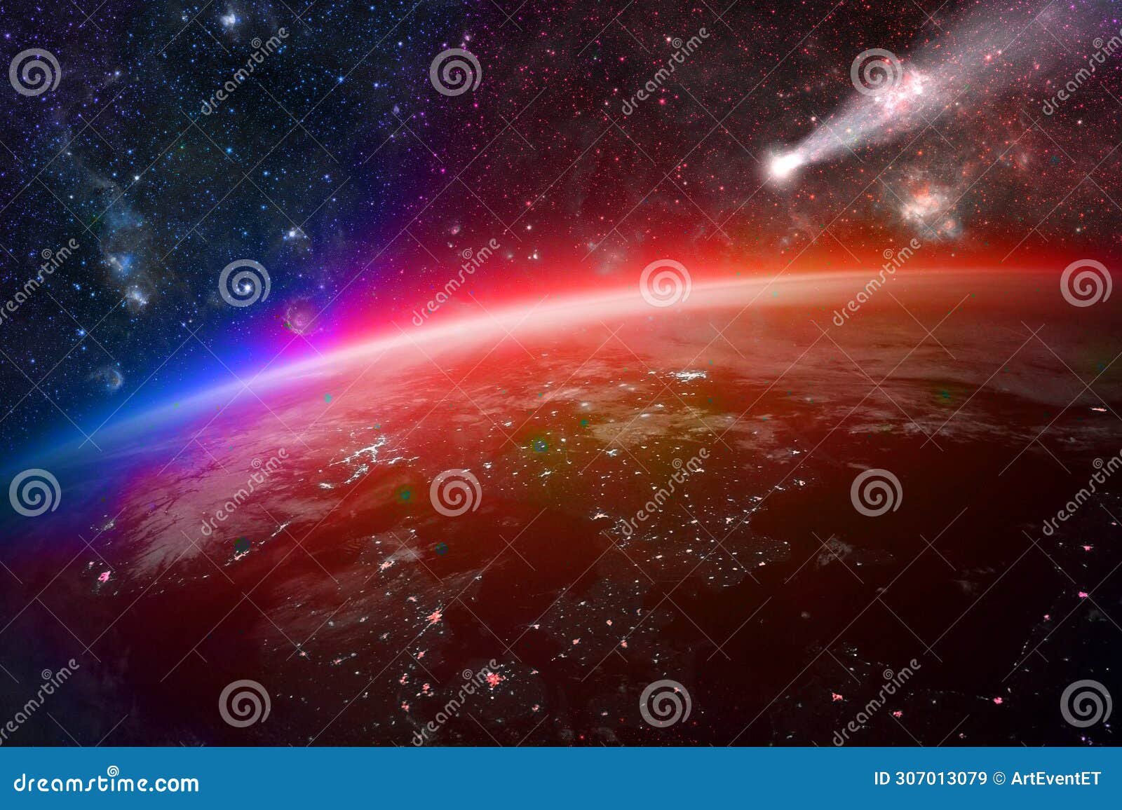 Comet Flies Over Planet. Space Landscape Stock Image - Image of ...