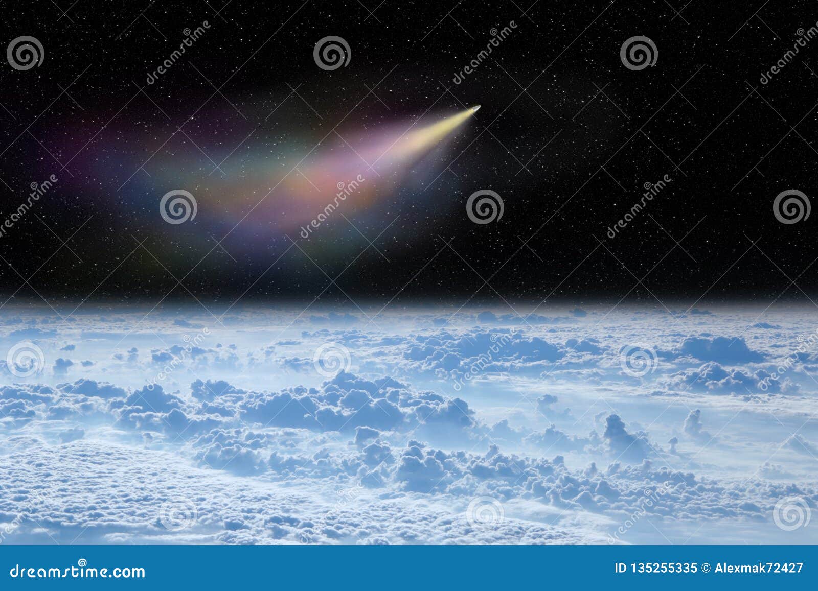Comet Flying in Space Over White Clouds. Space Landscape. Earth and ...