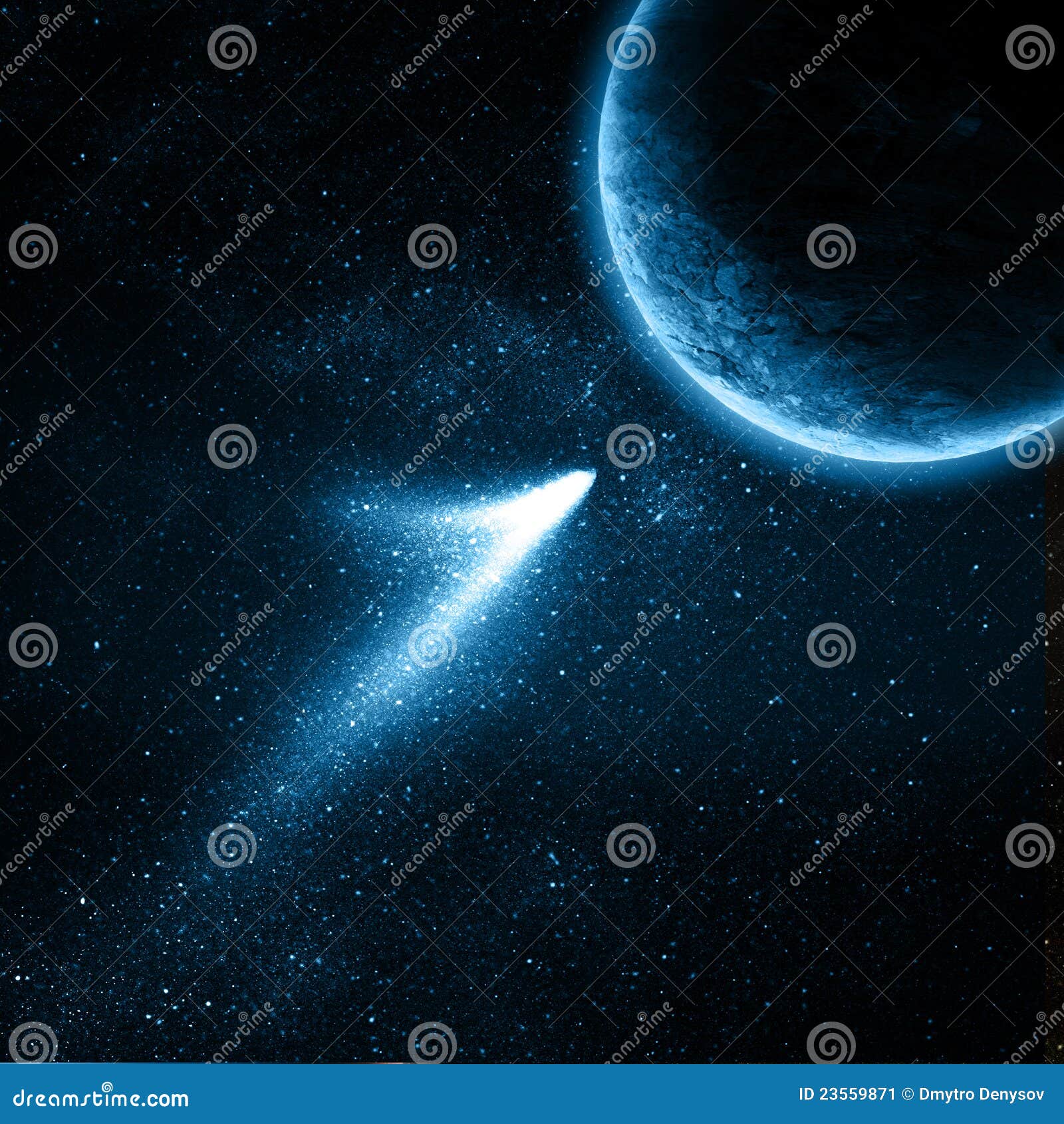 Comet Flying In The Violet Sky With Shiny Stars And Crescent Moon ...