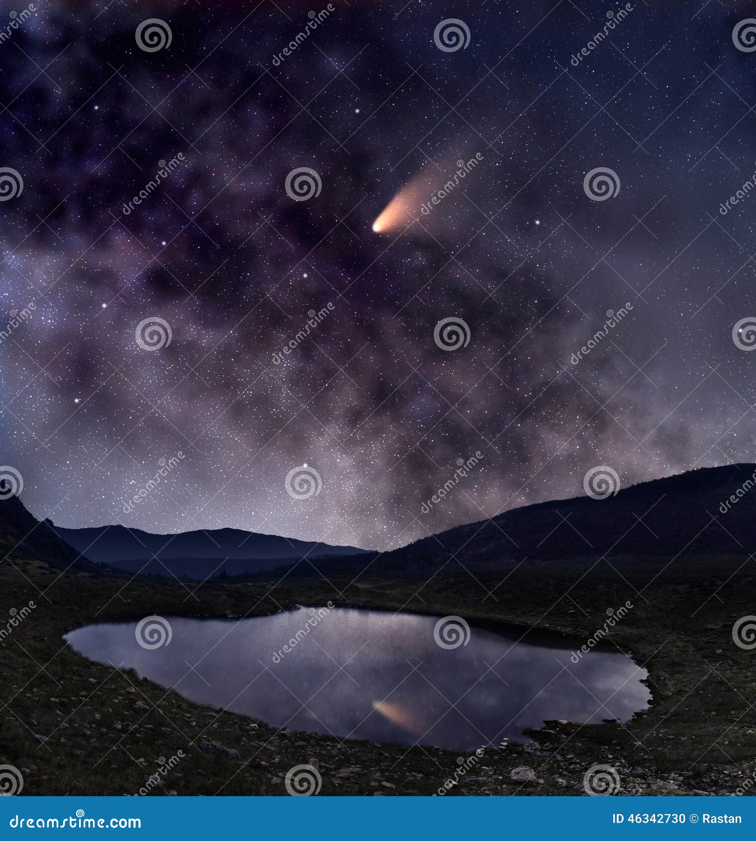 Comet over mountain lake stock photo. Image of abstract - 46342730
