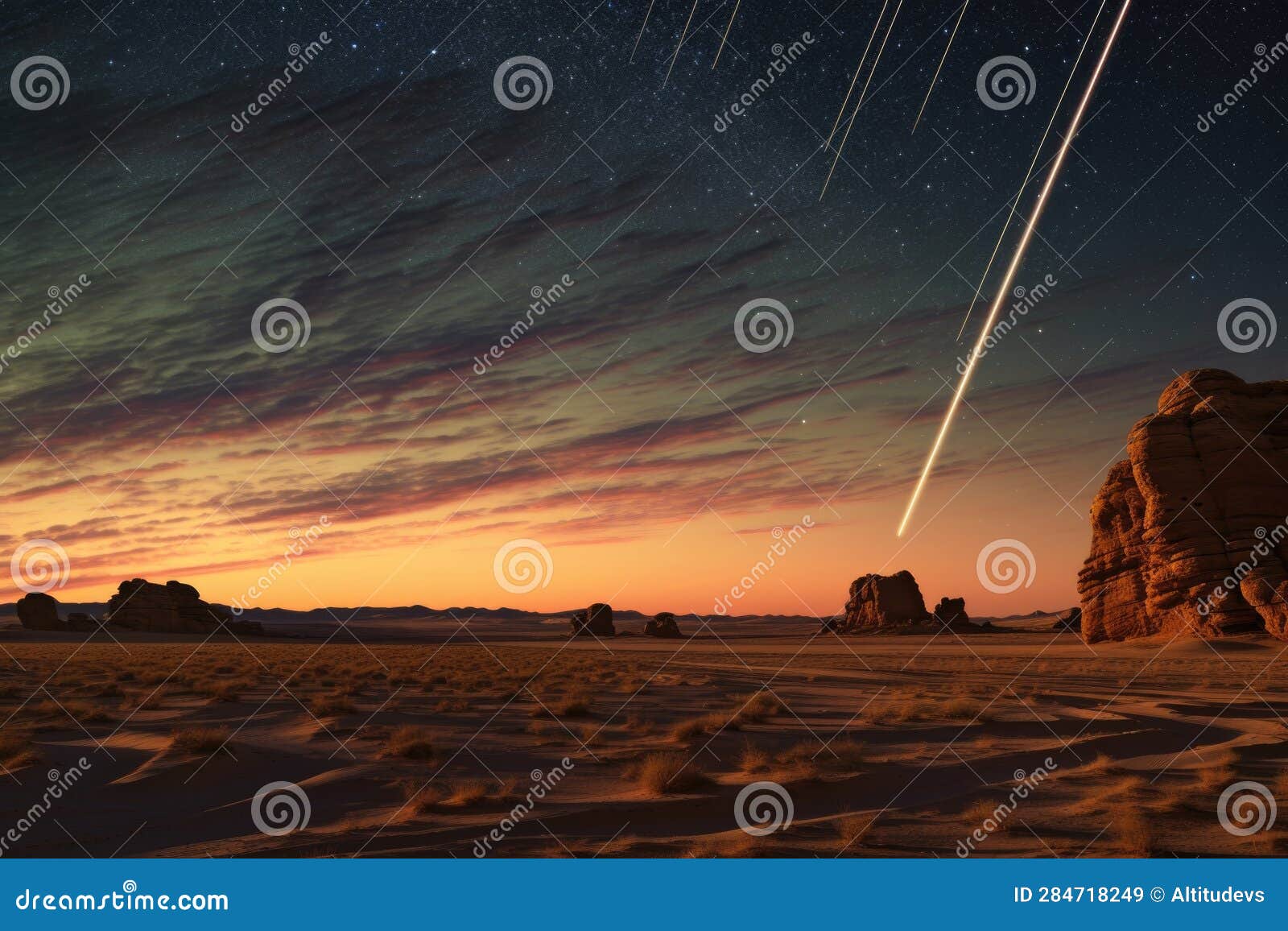 Comet Trails in Night Sky Above Vast Desert Expanse Stock Image - Image ...