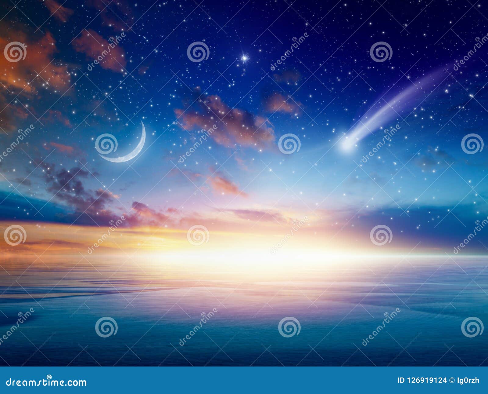 Cometa Que Cae, Luna Creciente De Levantamiento Y Estrellas Stock de ...