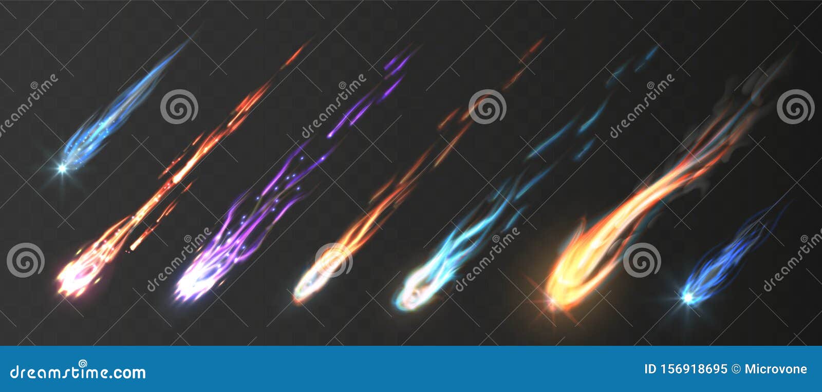 Comets and Meteorite Set. Vector Realistic Meteors and Fireballs with ...