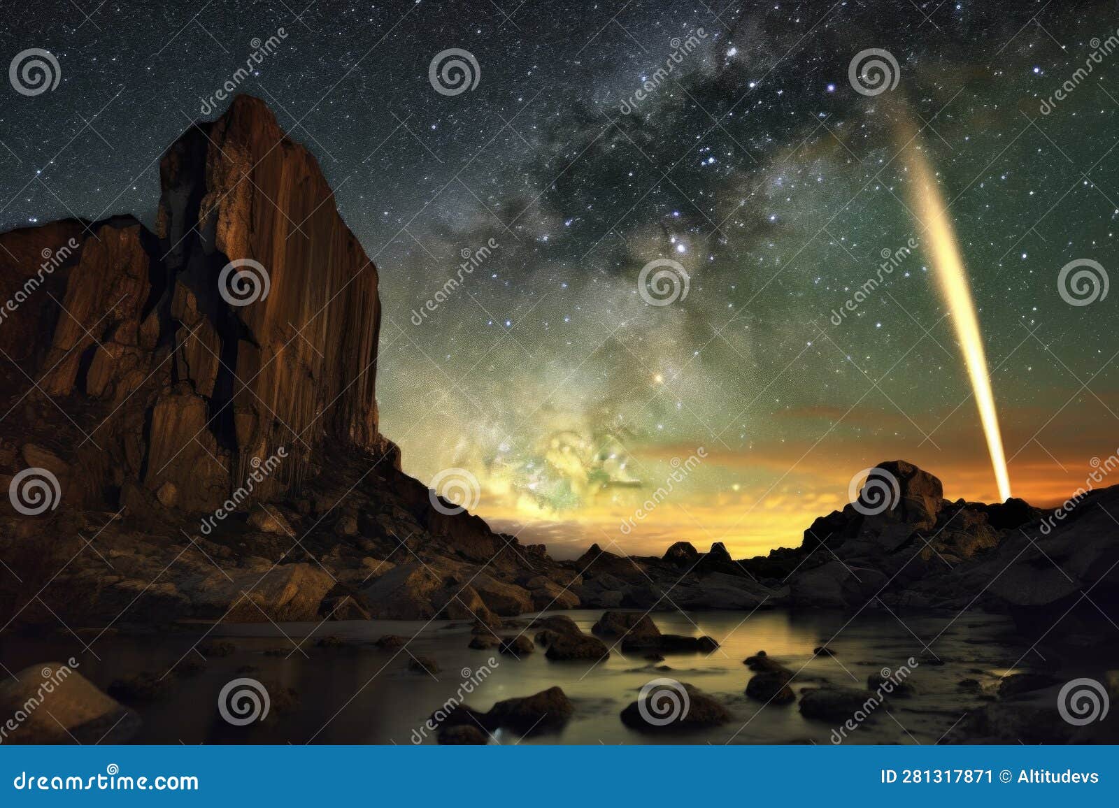Comets Tail Illuminated Against the Milky Way Stock Illustration ...