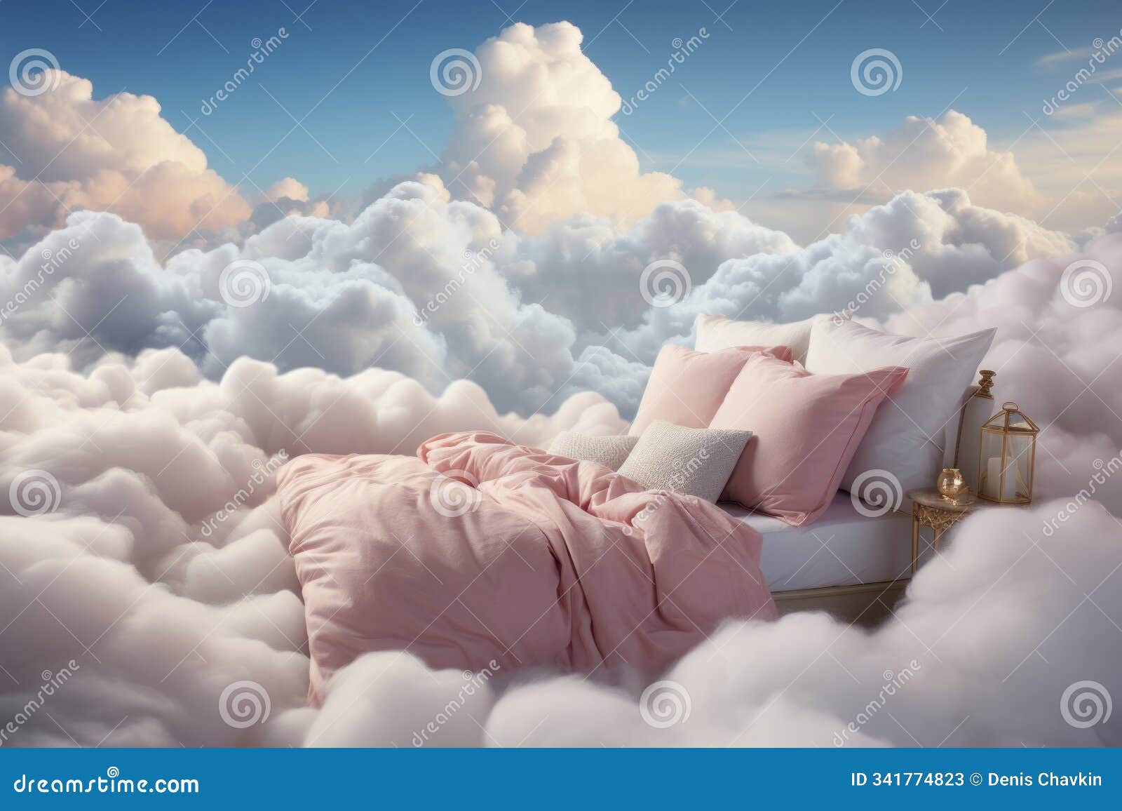 Comfortable Bed on Clouds. Paradise or Heaven. Stock Image - Image of ...