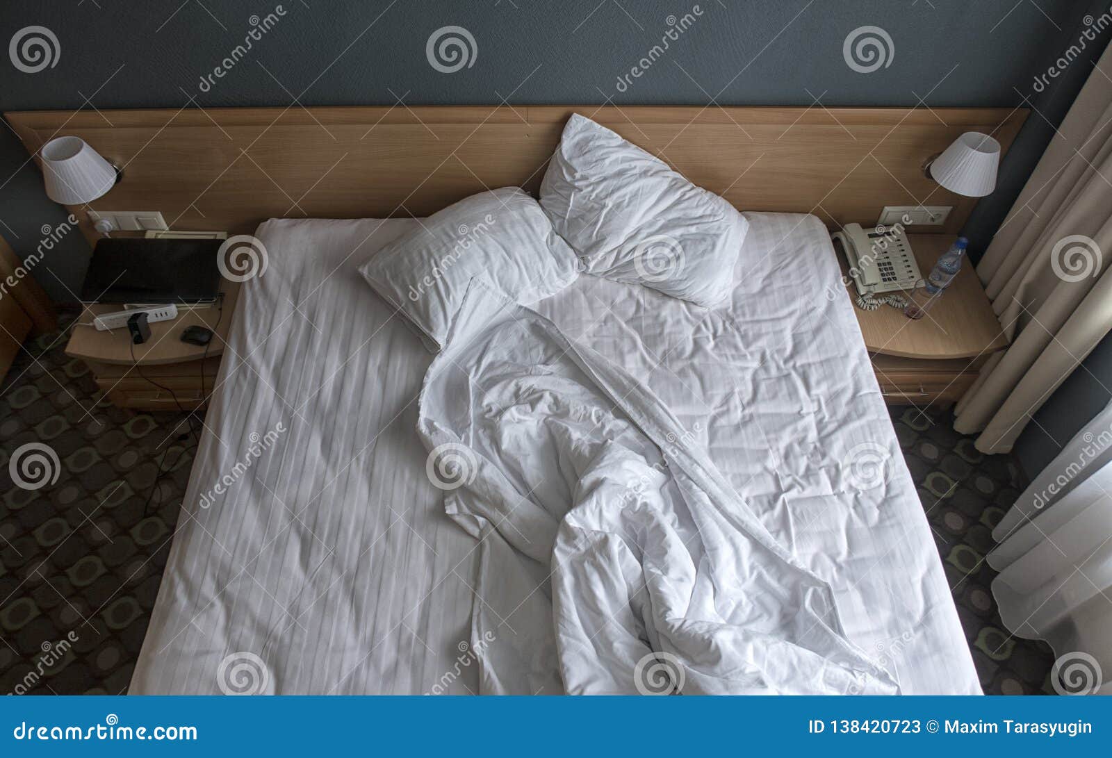 Comfortable Bed in the Hotel Room, Top View. Stock Image - Image of ...