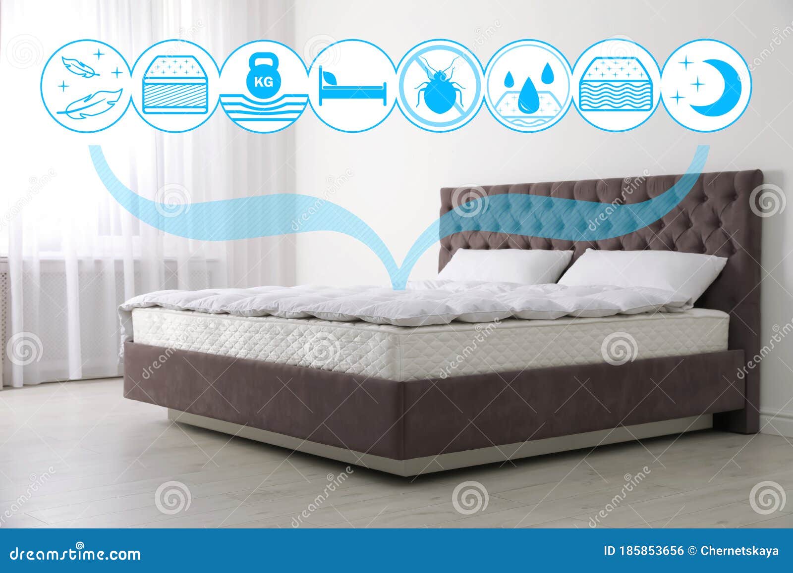 Comfortable Bed with Mattress in Room Stock Photo - Image of double ...