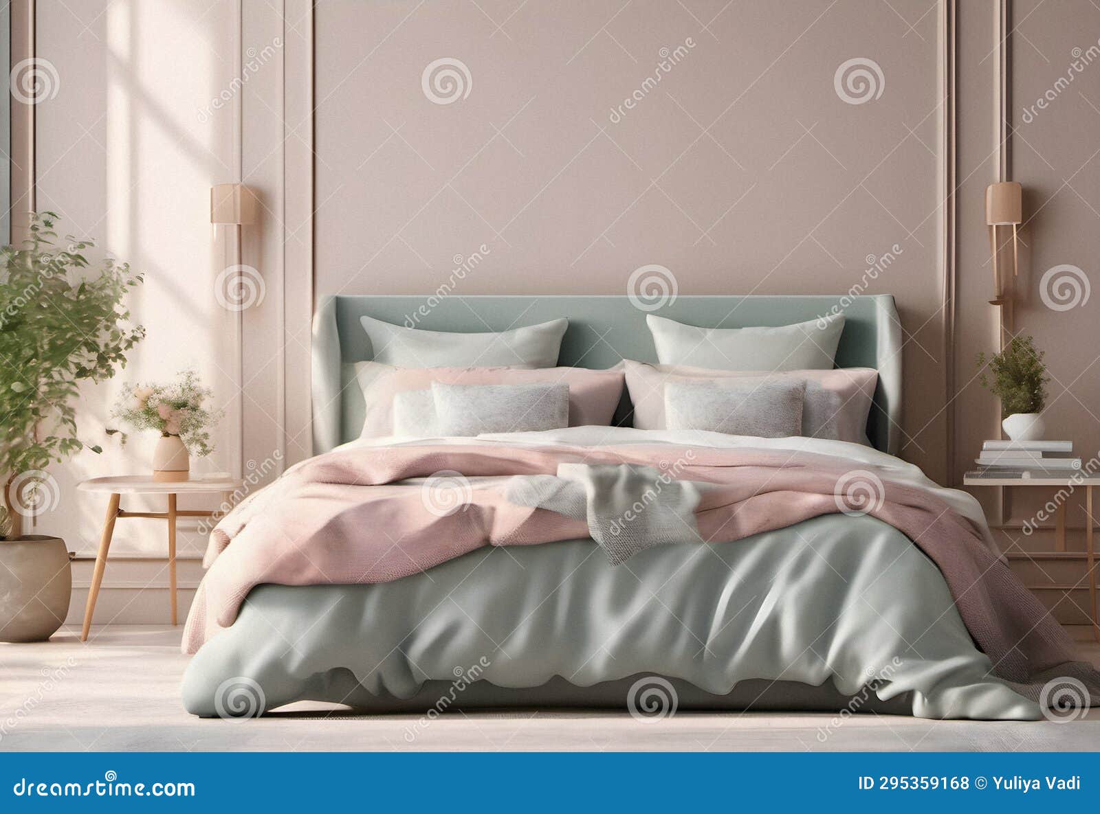 Comfortable Bed with Soft Pillows in Room. Interior Design Concept ...