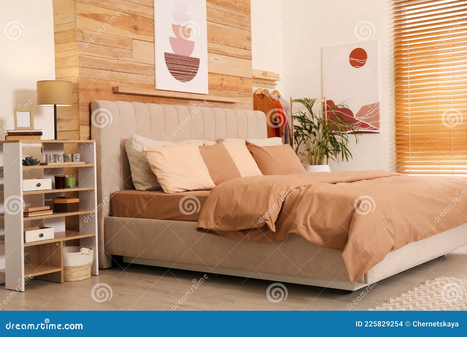 Comfortable Bed with Linens. Interior Design Stock Photo - Image of ...