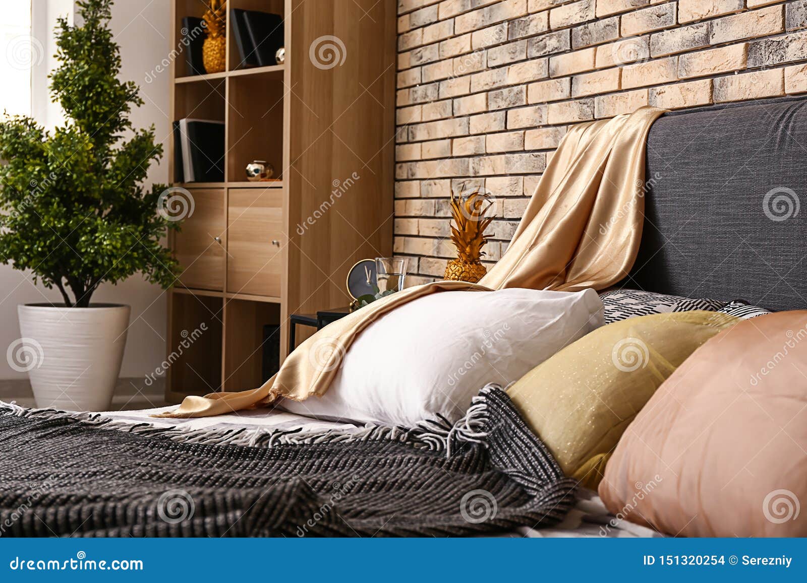 Comfortable Big Bed in Interior of Room Stock Photo - Image of ...