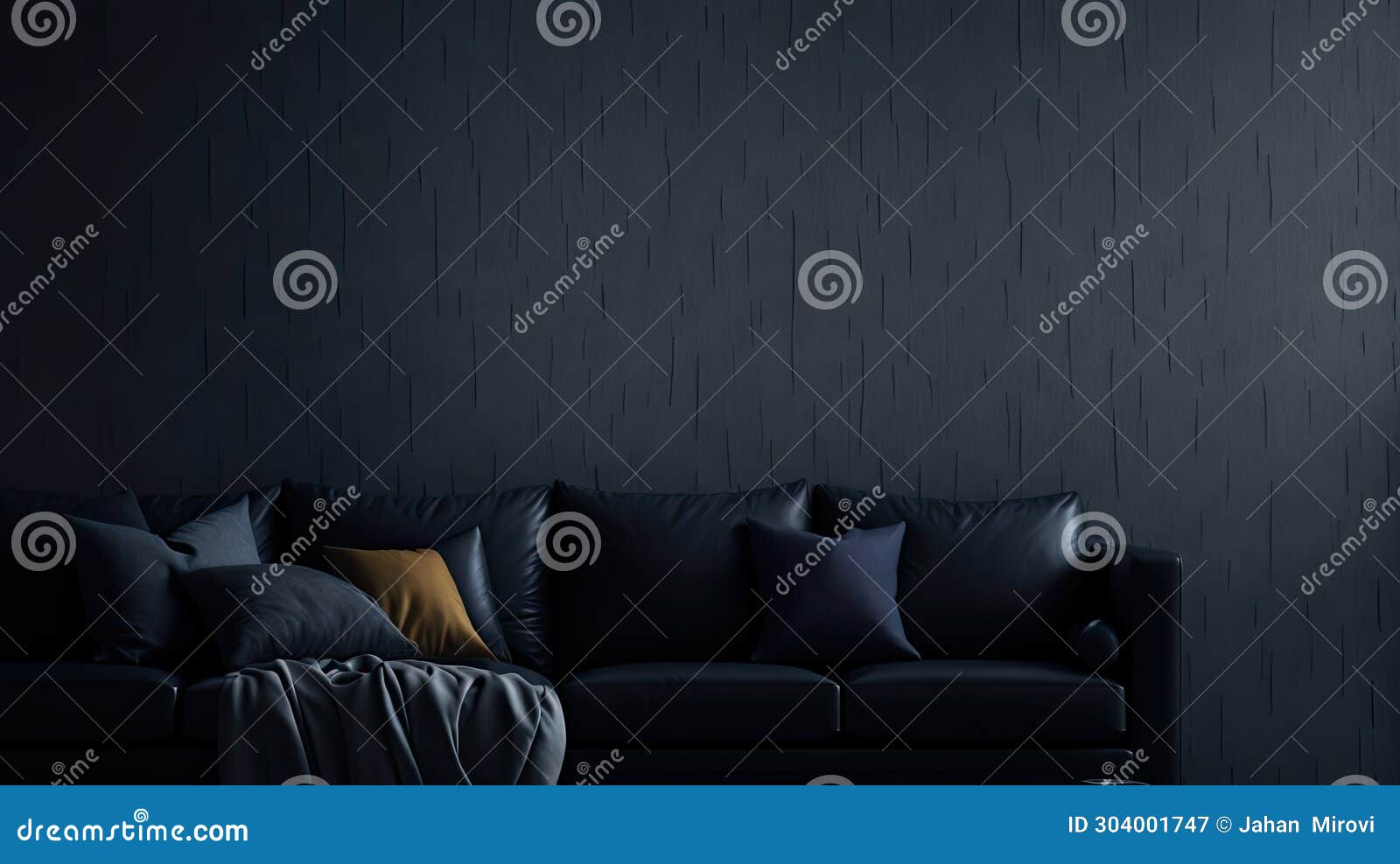 Comfortable Black Sofa in Modern Living Room with Black Wall. 3d ...