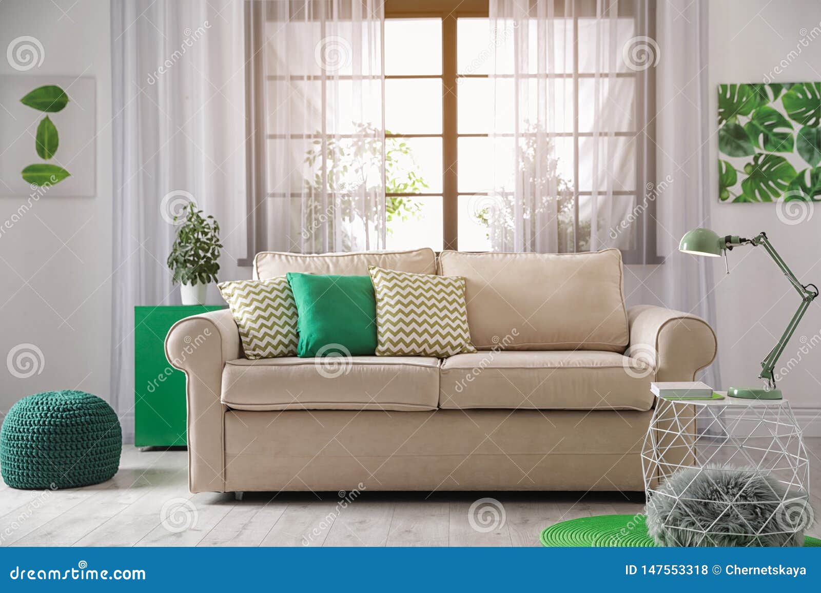 Comfortable Couch Near Window in Living Room Interior Stock Photo ...