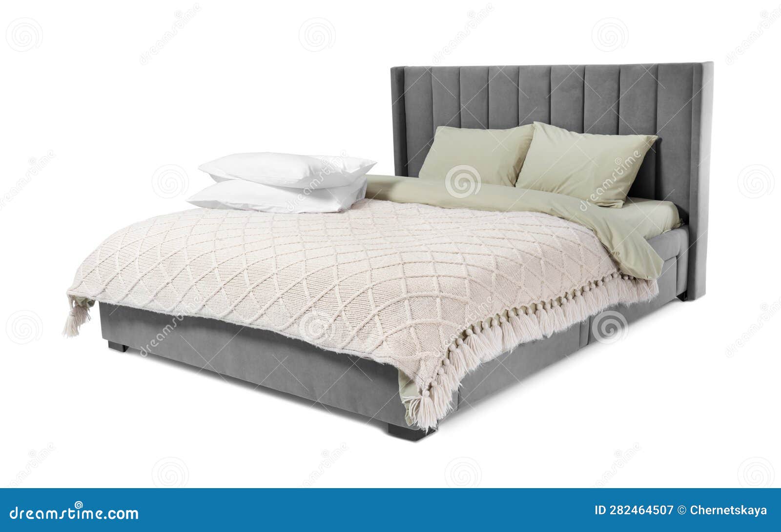 Comfortable Gray Bed with Linens on White Stock Image - Image of luxury ...