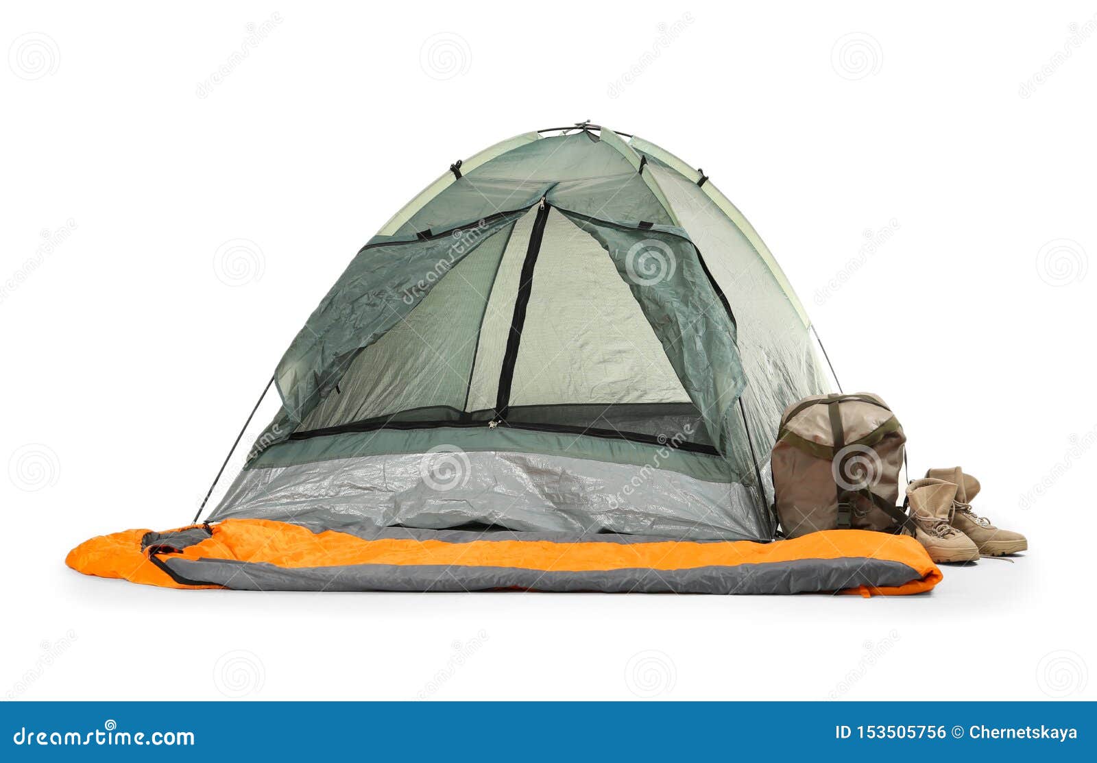 Comfortable Grey Camping Tent with Sleeping Bag and Boots on White ...