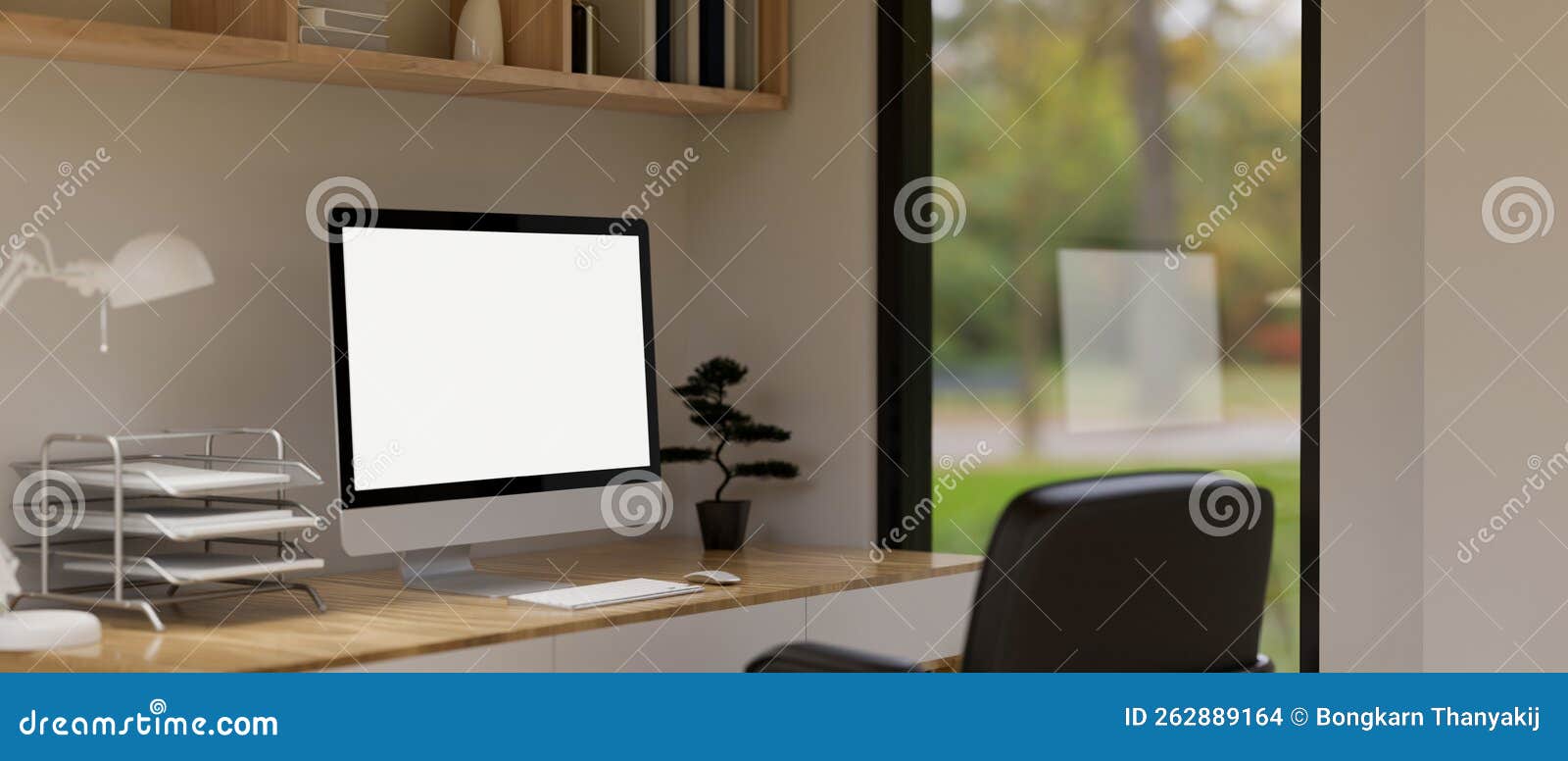 Comfortable Home Office Workplace Interior in White and Wood Style with ...