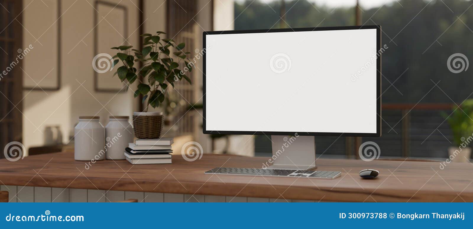 A Comfortable Home Workspace with a White-screen PC Computer Mockup and ...