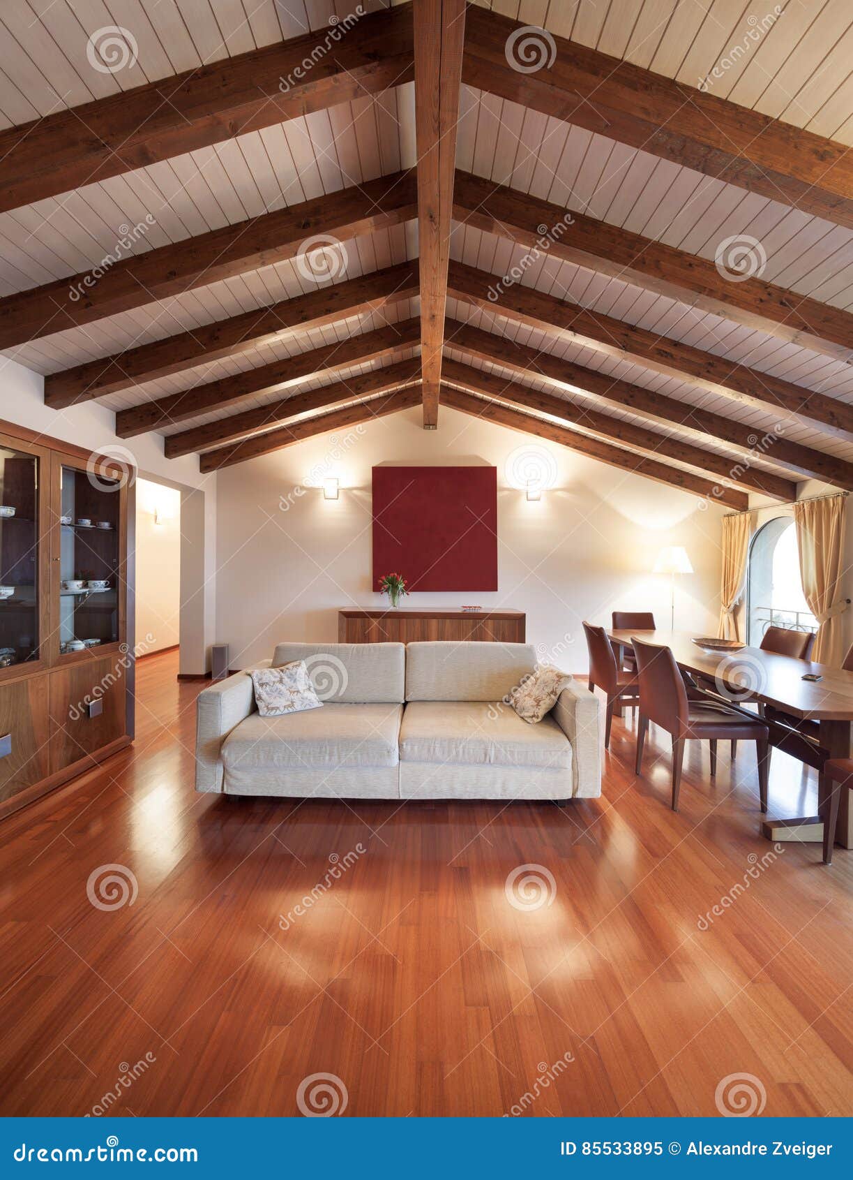 Comfortable, Loft, Living Room Stock Image - Image of window, beam ...