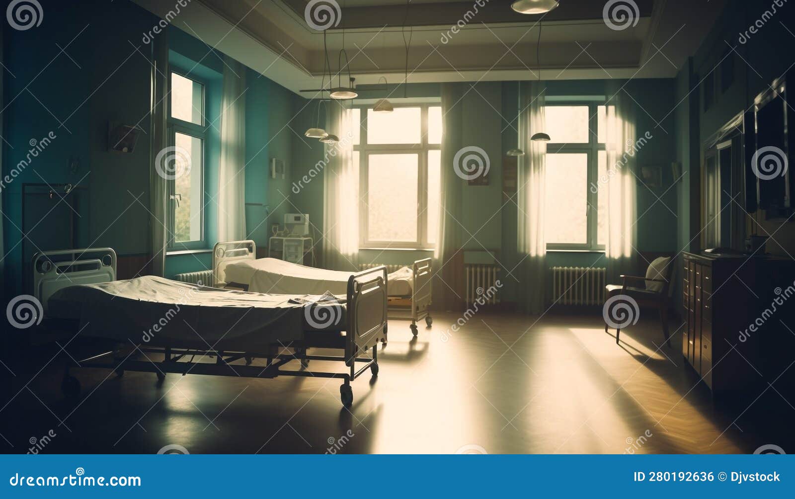 Comfortable Modern Bedroom with Illuminated Window and Empty Hospital ...