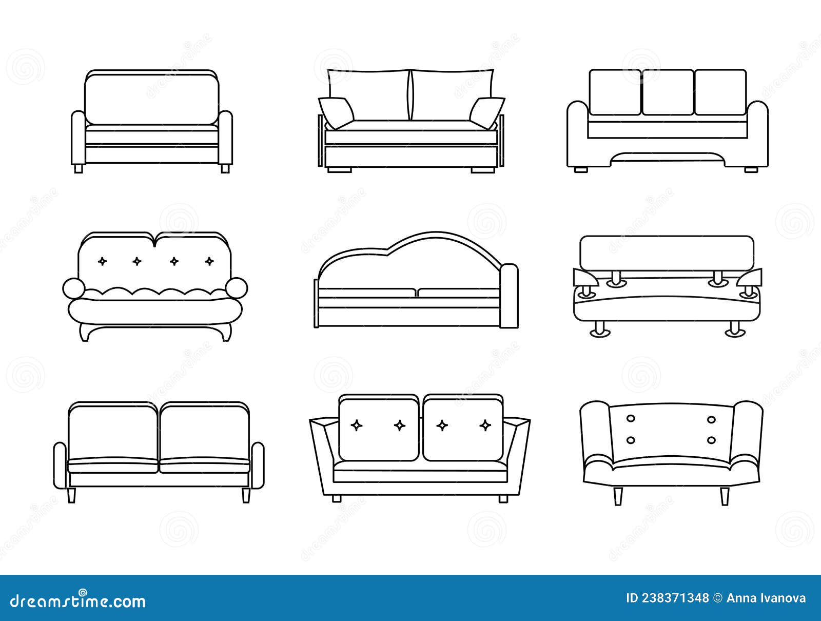 Comfortable Modern Sofa Collection Outline Vector Illustration Isolated ...